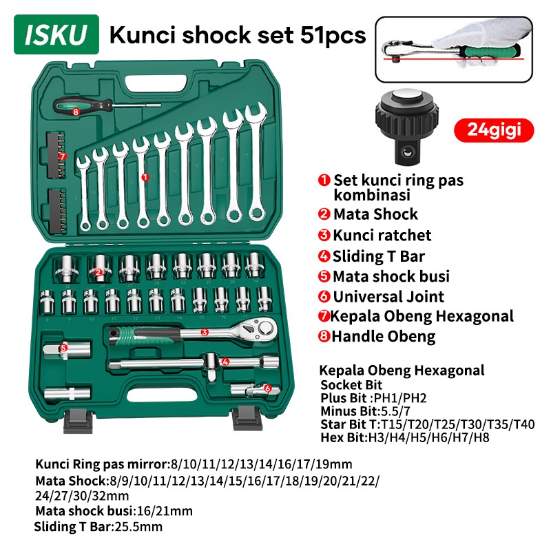 Jual ISKU kunci shock 1 Set lengkap 37 61 82 pcs/kunci sok set lengkap tool box perkakas bengkel ...