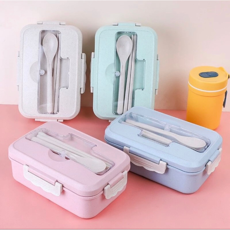 Jual Lunch Box Sendok Garpu Kotak Bekal Tempat Makan Jerami Lunch Box Set Gandum 1000ml | Shopee ...