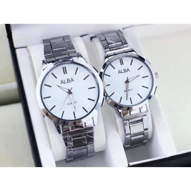 Jual (Cod)Jam Tangan Couple Alba Full Hitam Harga 1pcs Strap Rantai ...