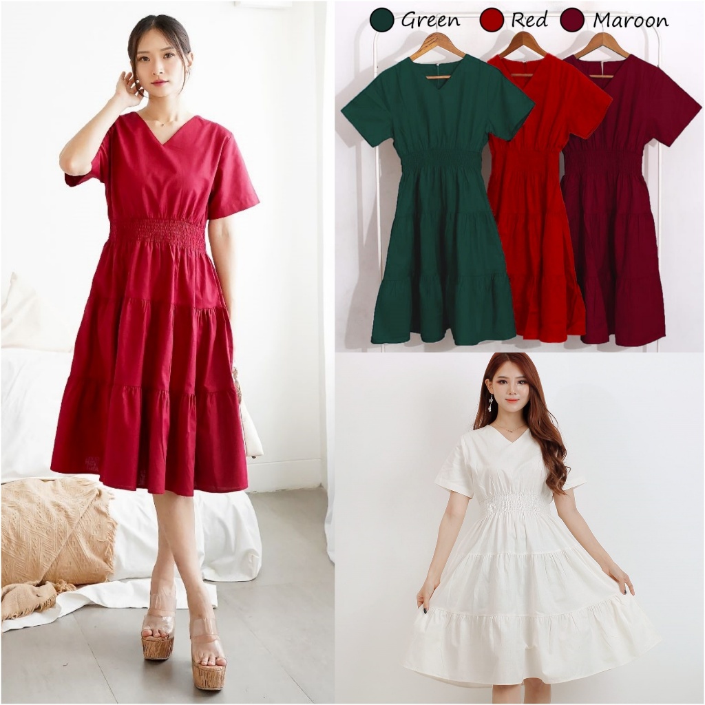 Jual Midi Dress Flare Wanita Gaun Polos Lengan Pendek Modern Tebal Adem ...