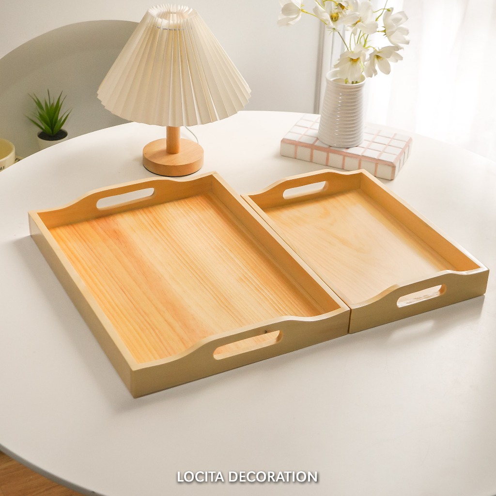 Jual Nampan Kayu Kotak Pinus Estetik Handle Melengkung/Wooden Tray/Baki ...