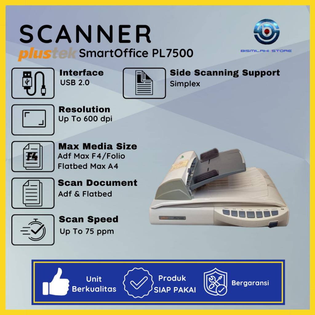 Jual Scanner High Speed Plustek SmartOffice PL-7500 Scan 75 Lembar ...