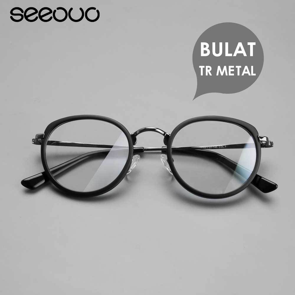 Jual Seeouo Frame Kacamata Lensa Plano Model Bulat Oval Bold Stylish Bahan TR90+Metal Pria ...