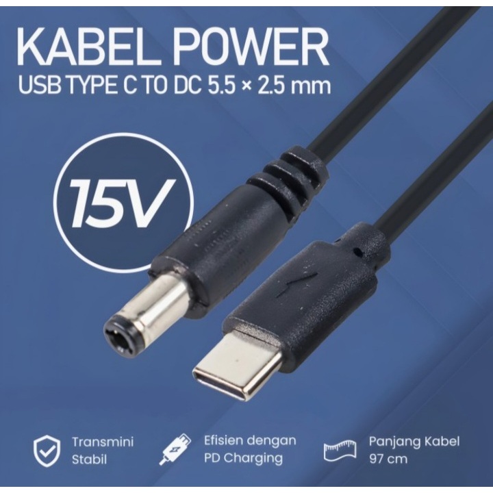 Jual Kabel Power USB Type C to DC 15V Kabel Adaptor Charger Router CCTV ...