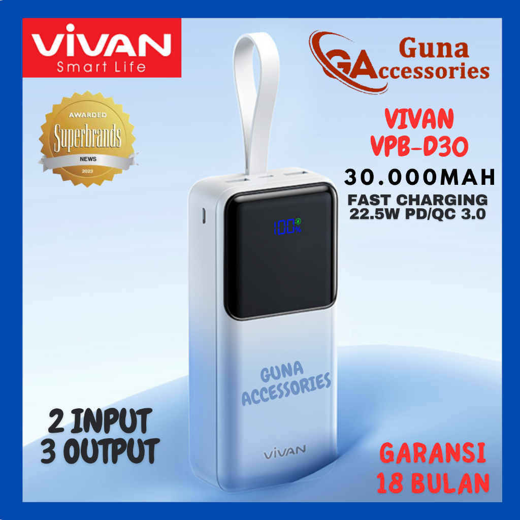 Jual VIVAN VPB-D30 Power bank 30000mAh 22.5W QC 3.0 PD LED TYPE C 3 ...