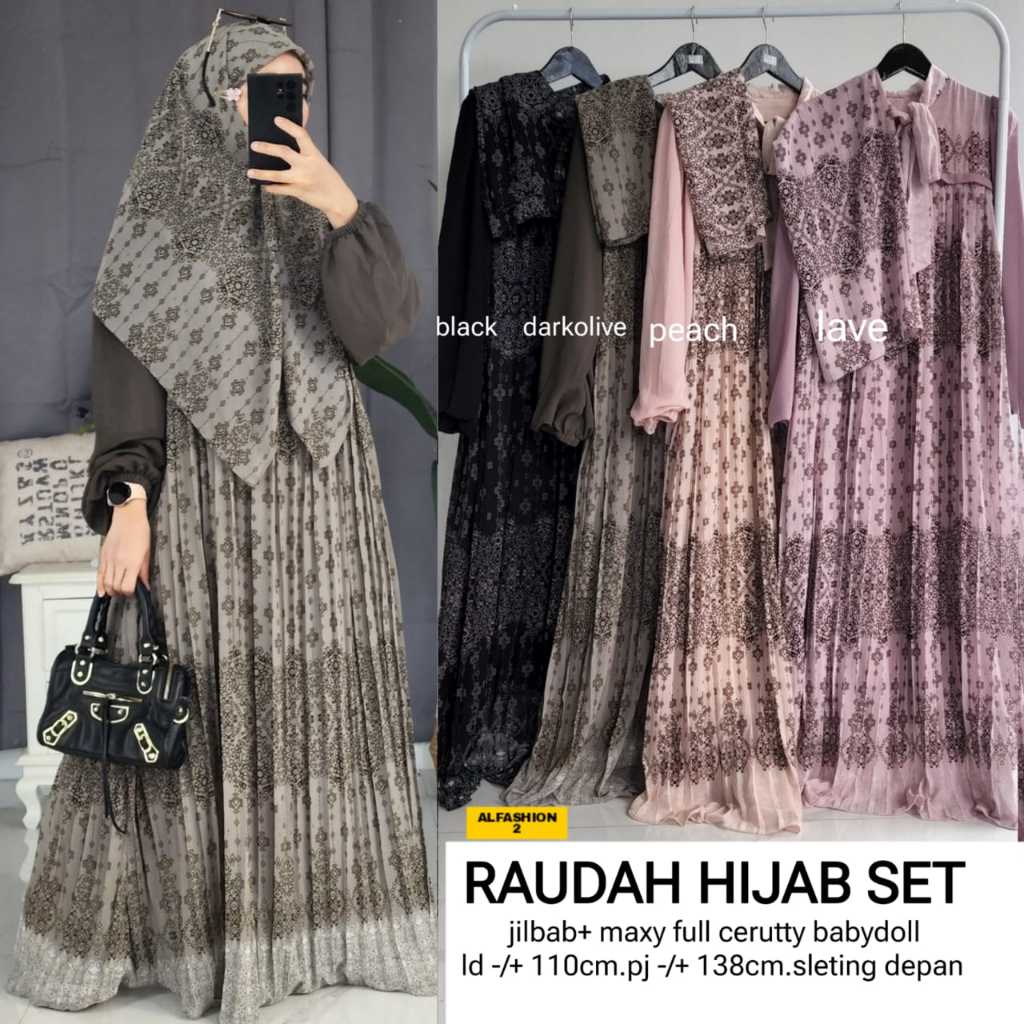 Jual Raudah Shiren Asiqa Hijab Set Gamis Motif Ceruty LD 110cm PJ 137cm Sleting Depan Full ...