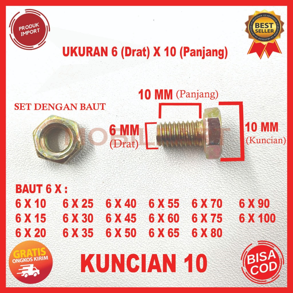 Jual BAUT MUR M6 6 X 10 - 6 X 100 KUNCIAN 10 MM | Shopee Indonesia