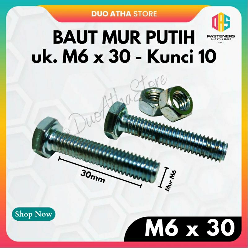 Jual M6x30 Baut Mur M6 X 30 BMP Galvanis Putih Kunci 10 | Shopee Indonesia