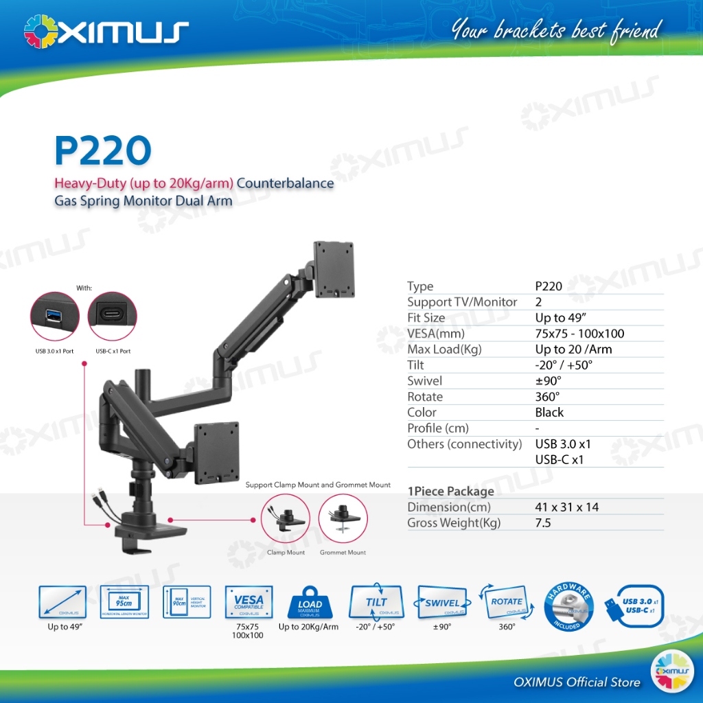Jual Heavy-Duty Counterbalance Gas spring Monitor Dual Arm OXIMUS P220 ...