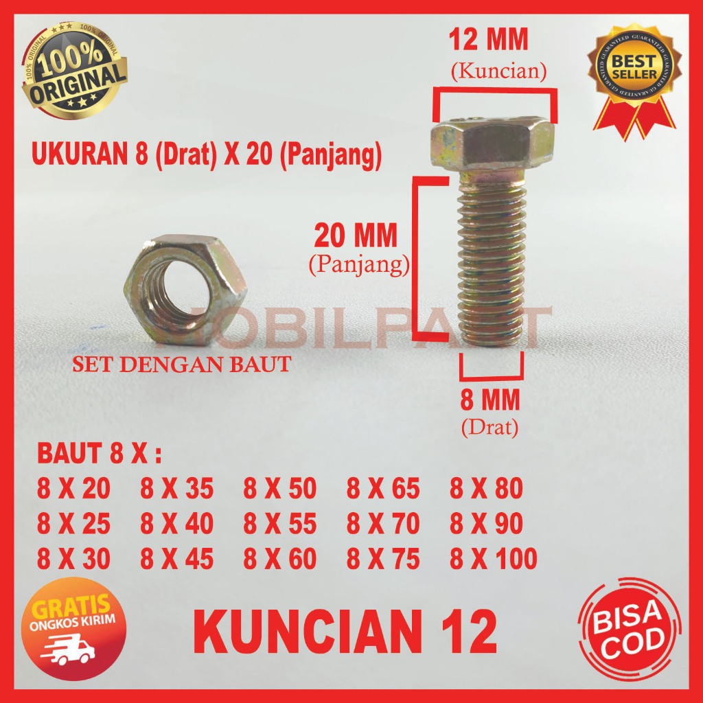 Jual BAUT MUR M8 8 X 20 - 8 X 100 KUNCIAN 12 MM | Shopee Indonesia