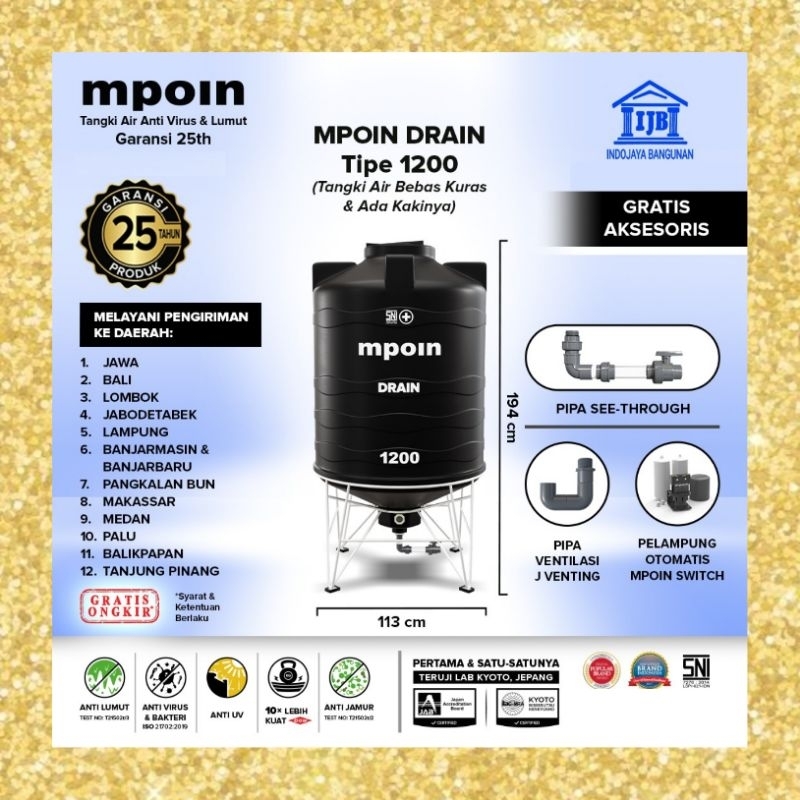 Jual Tandon Tangki Air Toren MPOIN DRAIN Kaki Hitam 400 600 800 1200 ...