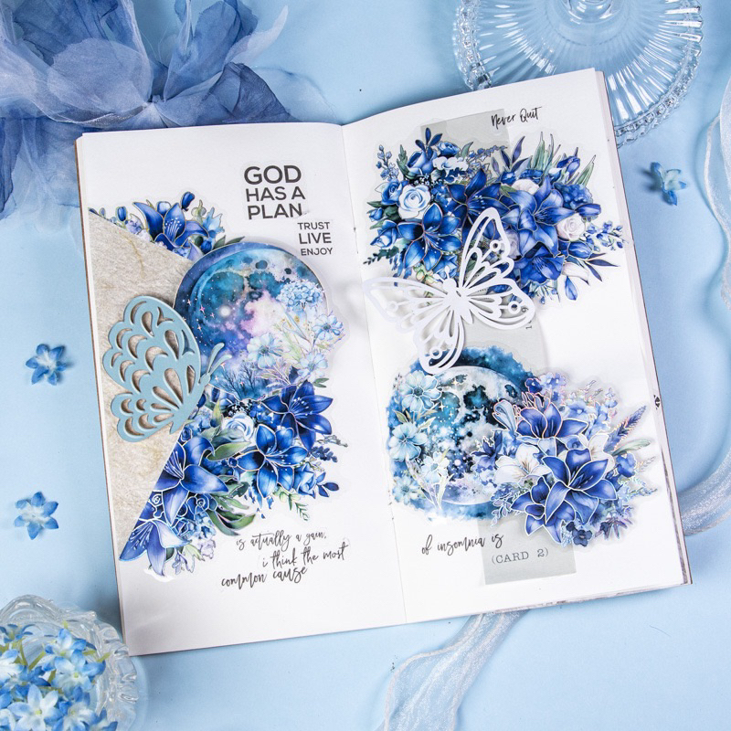 Jual sticker blue flower sea bunga bulan laut biru scrapbook journaling ...