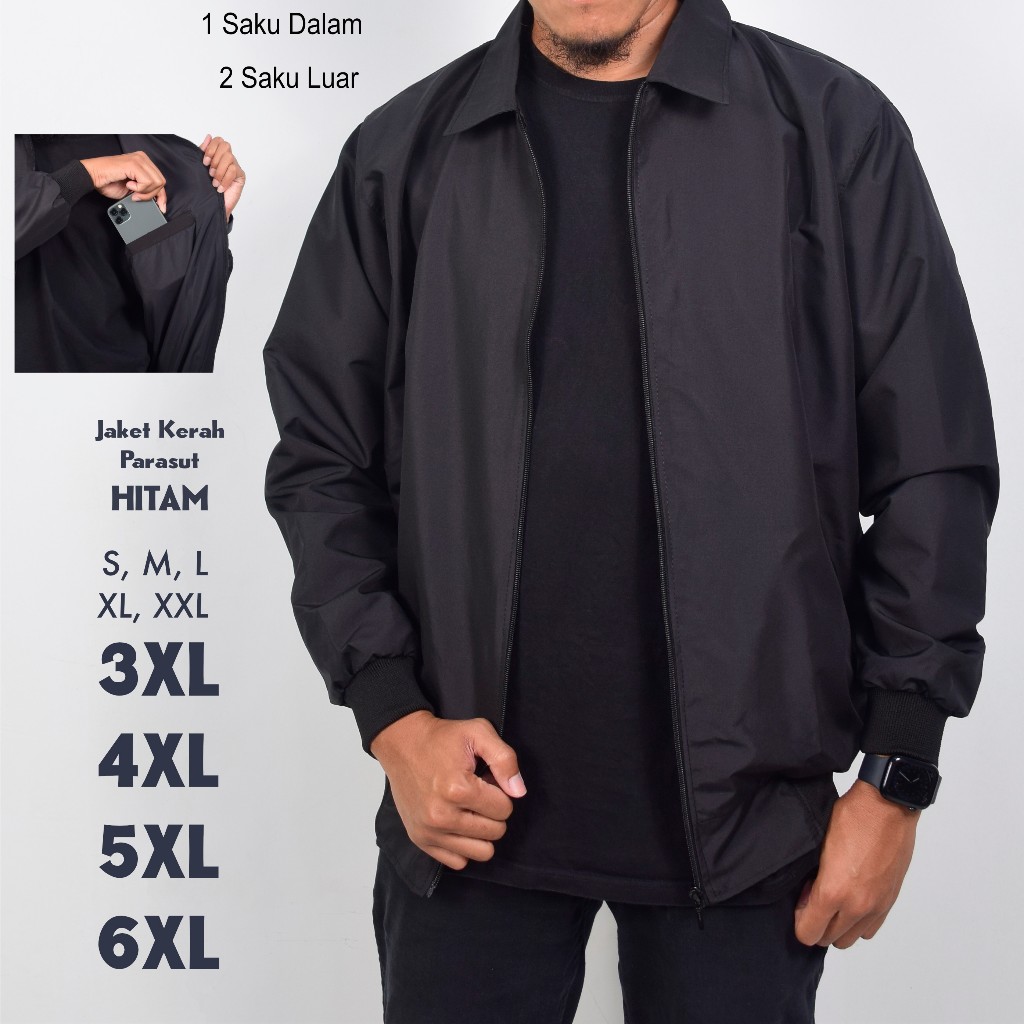 Jual Jaket Kerah Motor Hitam Parasut Pria Jumbo Big Size S M L XL XXL 3XL 4XL 5XL 6XL Parasit ...