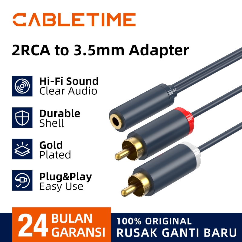 Jual CABLETIME Kabel Aux to RCA Male Stereo 3.5mm Female to 2 RCA For ...