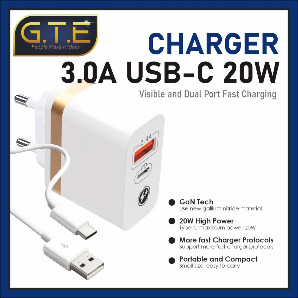 Jual Charger Super Fast Charger 2 ports QC3.0 USB - Type C PD 20W fast ...