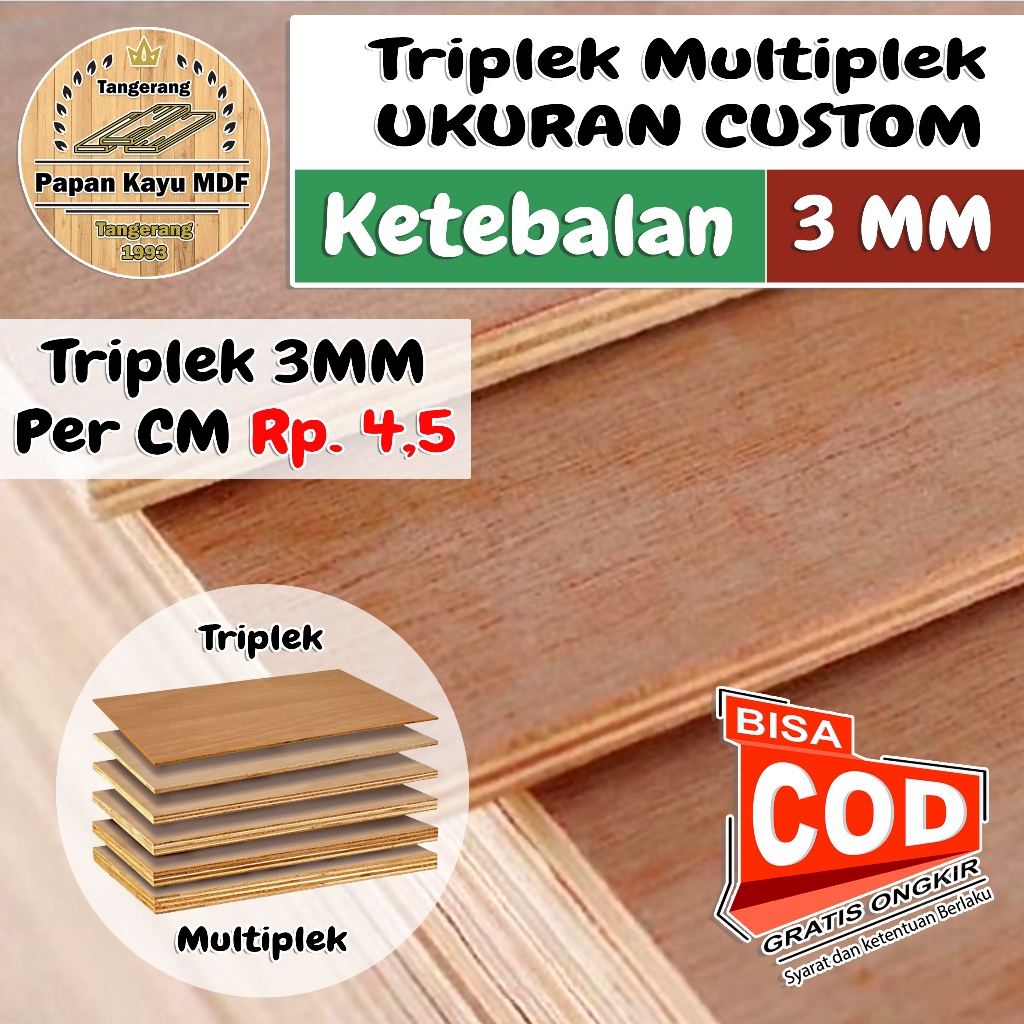 Jual Custom Triplek Multiplek 3MM Ukuran Custom Harga Per Cm Multiplek / Triplek Plywood ...