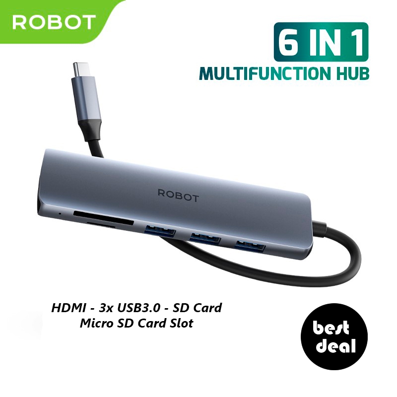 Jual Robot HT360 Multiport 6 in 1 USB-C HUB Adapter HDMI Micro SD Card ...