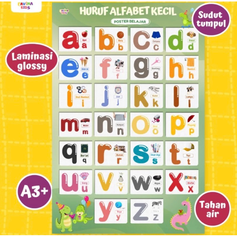 Jual Poster Belajar Alphabet huruf Kecil dan contoh benda | Shopee ...
