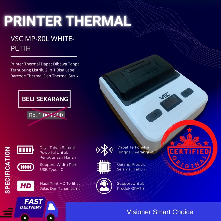 Jual MOBILE PRINTER BLUETOOTH VSC MP-80L RPP02N FREE LABEL HIGH QUALITY ...