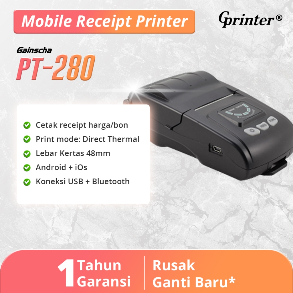 Jual PRINTER PORTABLE STRUK THERMAL / RESI PT-280 USB BLUETOOTH - 48mm ...