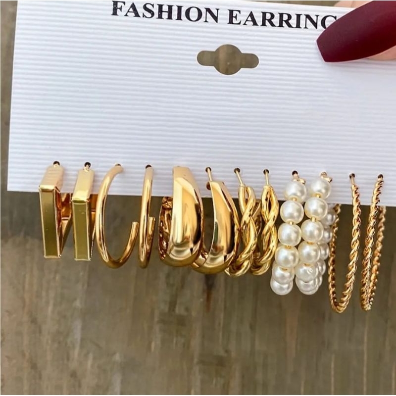 Jual SET ISI 6 PASANG ANTING BULAT HOOPS BOHEMIAN ANTING BULAT MUTIARA ...