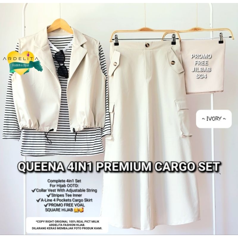 Jual QUEENA 4IN1 PREMIUM CARGO SET OOTD HIJAB READY TO WEAR SETELAN ROK KARGO WANITA HIJAB SIAP ...