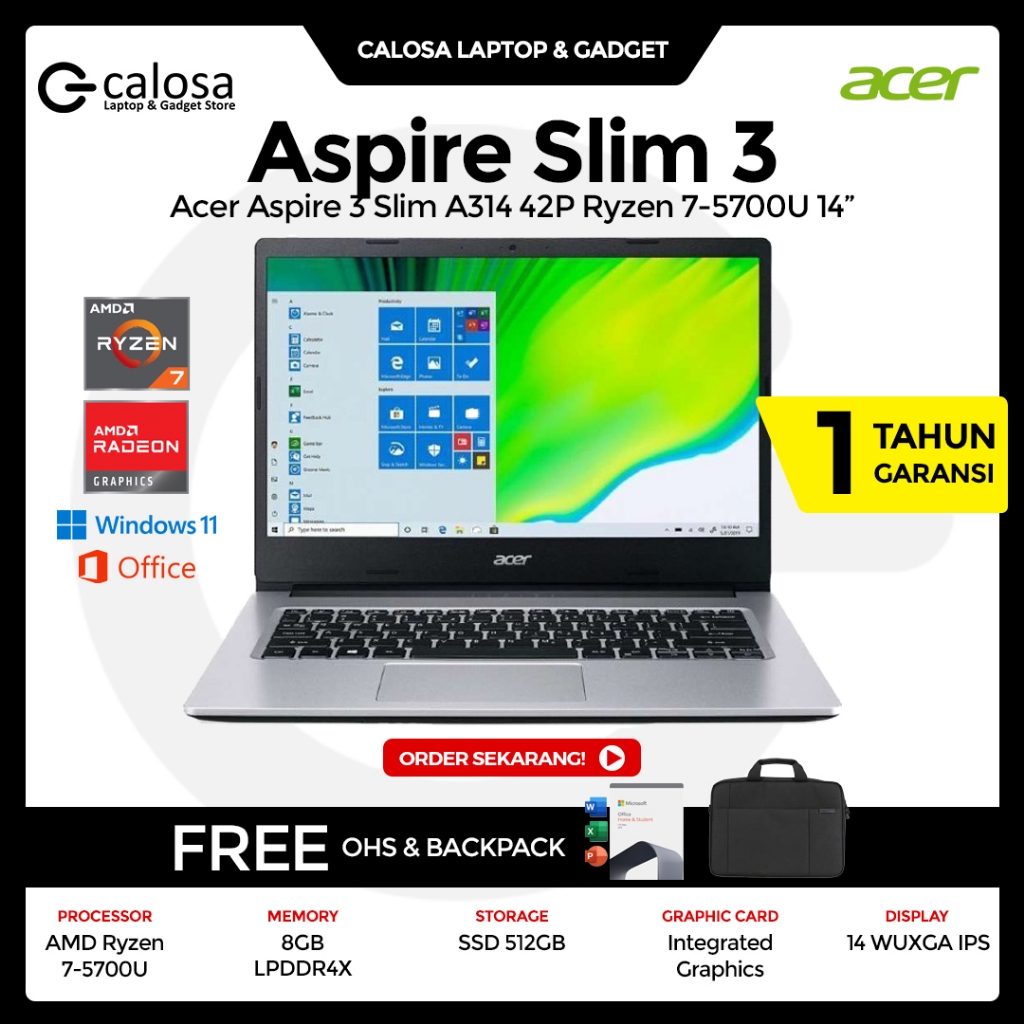 Jual Acer Aspire 3 Slim A314 42P Ryzen 7 5700U RAM 8GB SSD 512GB 14 ...