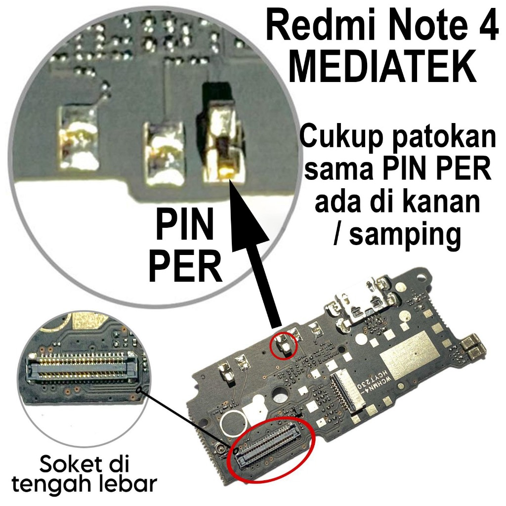 Jual Papan Konektor Cas + MIC Redmi Note 4 Mediatek MTK - Soket Lebar dan Kaki PIN PER di kanan ...