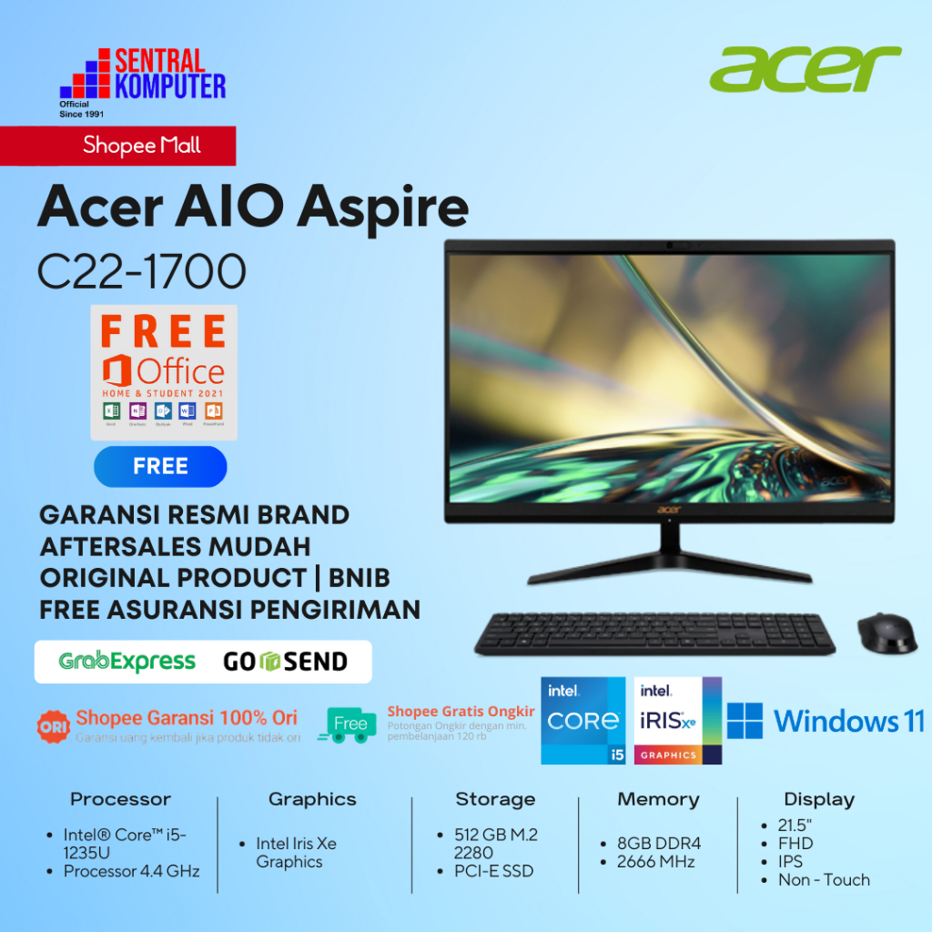 Jual ACER PC AIO C22-1700 i5-1235U 8GB 512GB SSD iRis Xe 21,5" FHD OHS ...