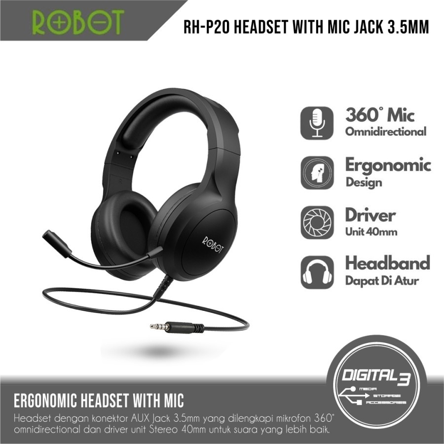 Jual Headset ROBOT RH-P20 Headphone Gaming Microphone Wired Kabel Aux 3 ...