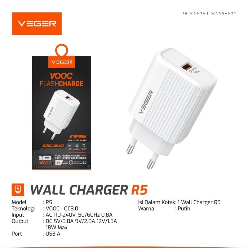 Jual Batok VEGER / Adaptor Wall Charger R5 18W Quick Charge 3.0 VOOC ...