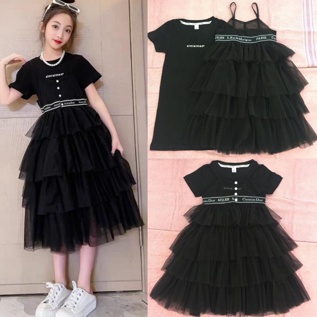 Jual (5-11th) Dress hitam anak 2 in 1 gaun kaos hitam anak perempuan ...