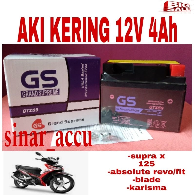 Jual Aki motor Supra x 125 Kirana karisma aki kering, aki gs grand supreme gtz5s 12v 4ah ...