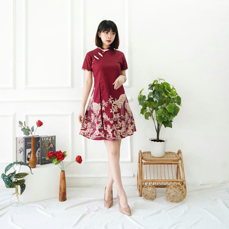 Jual Dress batik cheongsam qb101 maroon | Shopee Indonesia