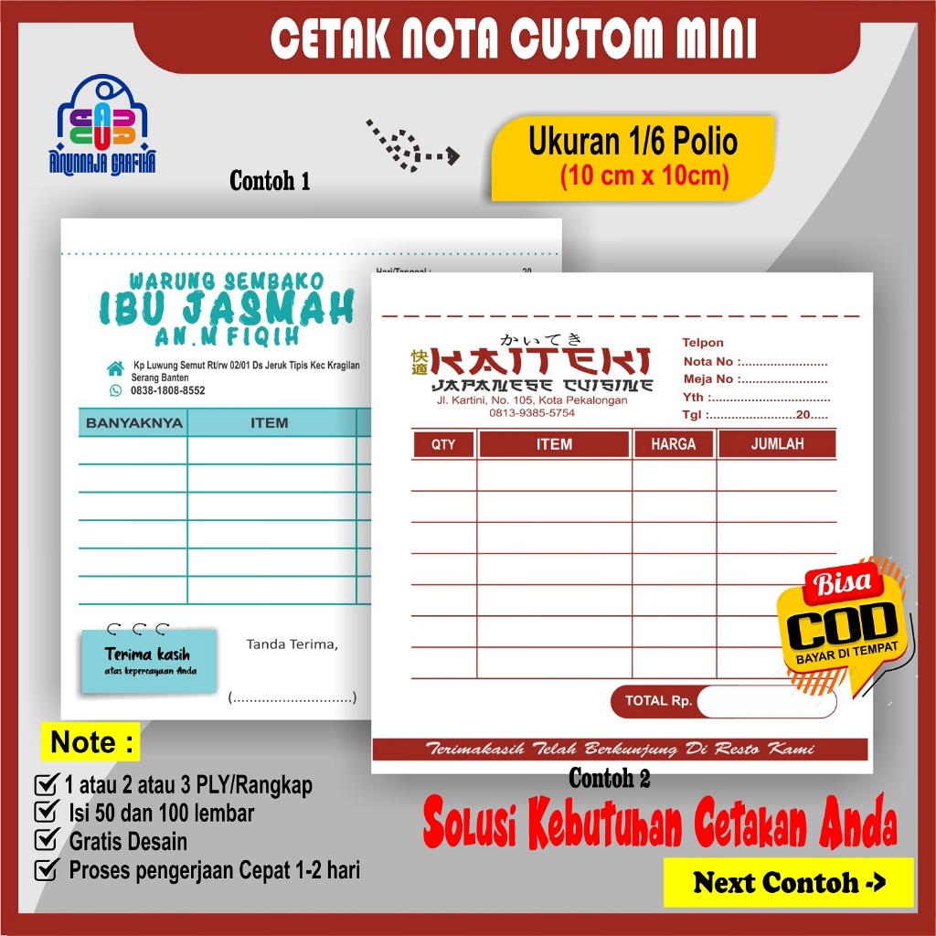 Jual NOTA CUSTOM PAKE NAMA SENDIRI UKURAN 10X10 CM ATAU UKURAN MINI 1/2 ...