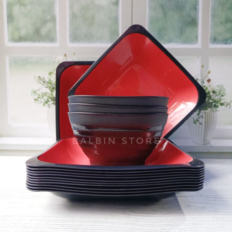 Jual PAKET SET RAMEN MERAH COMBI 6 pcs ISI 3 PIRING KOTAK 9.INC DAN 3 ...