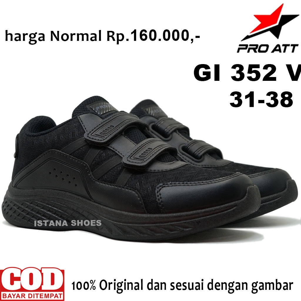 Jual Sepatu Sekolah Anak Laki Laki Perempuan TK SD SMP PRO ATT GI 352 V FULL HITAM Perekat ...