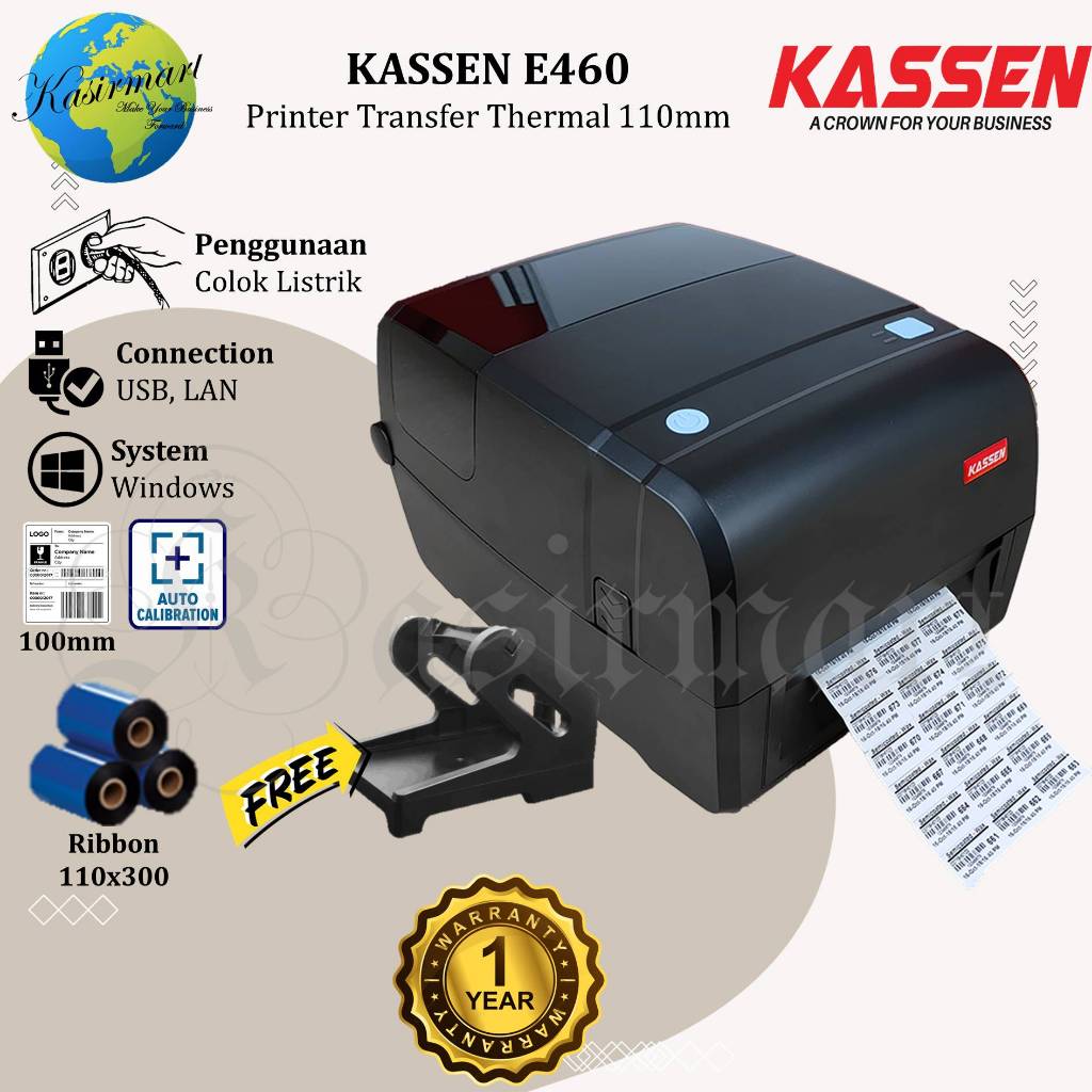 Jual Kassen E460 Printer Label Barcode Transfer Thermal Direct Thermal 100mm USB LAN Kassen E460 ...