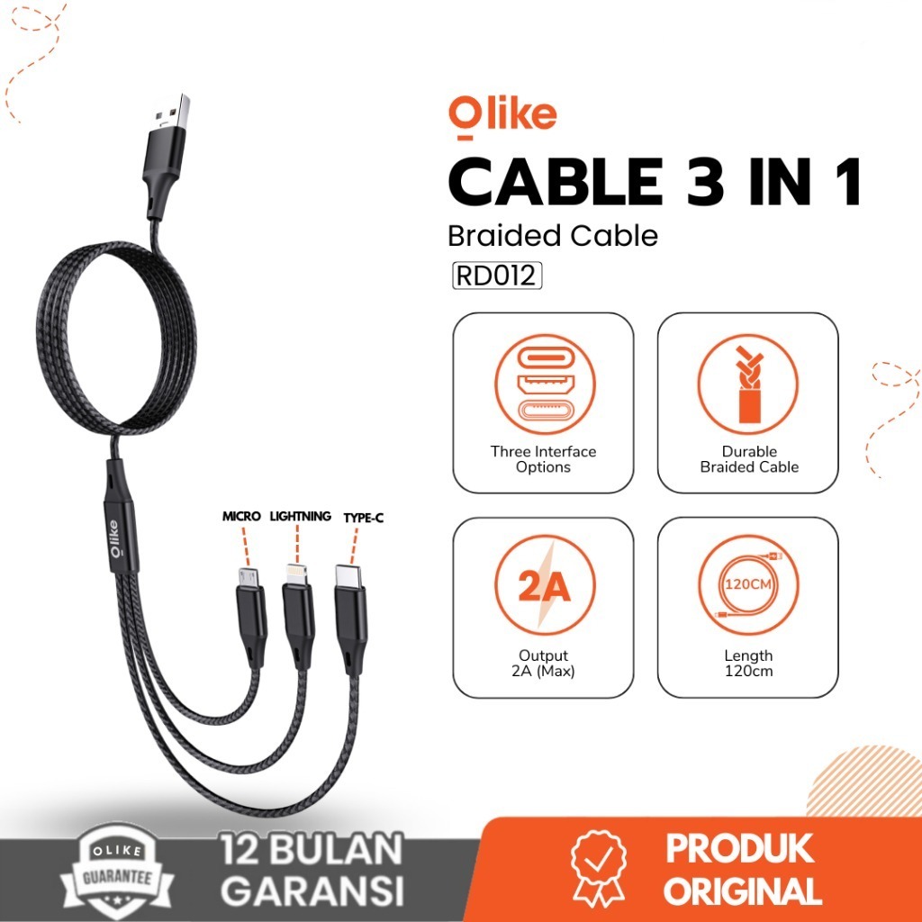 Jual OLIKE RD012 Kabel Cable Charging 3 in 1 2A 120cm USB To Micro Type ...