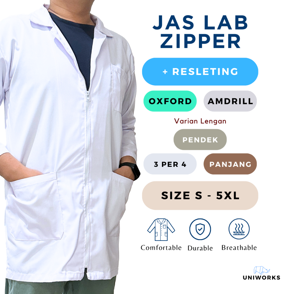 Jual UNIWORKS Jas Lab Resleting Seri Laboratorium ZPR Bahan Oxford dan ...