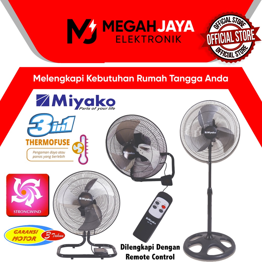 Jual [COD READY] MIYAKO 3 IN 1 STAND FAN , DESK FAN , WALL FAN + REMOTE ...