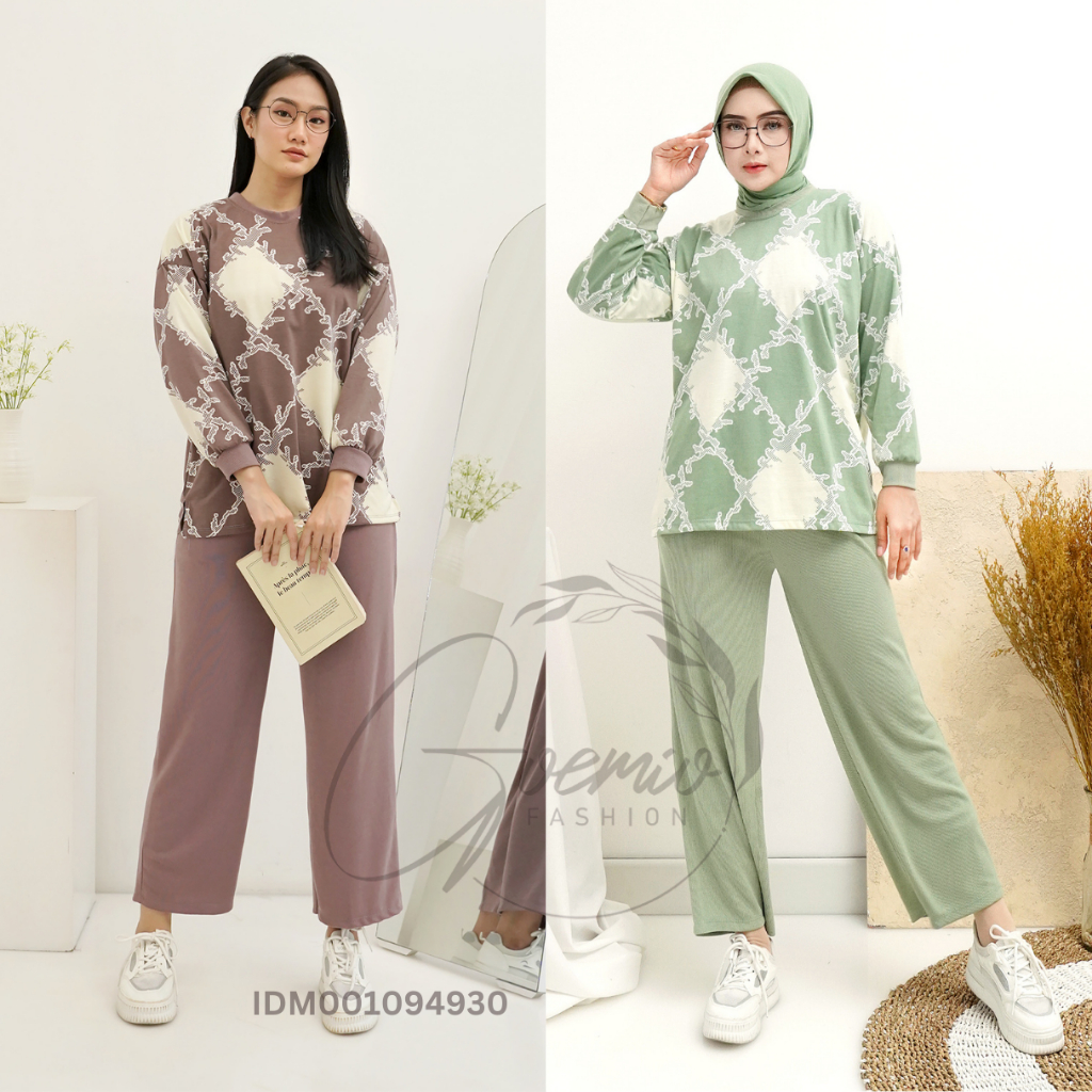 Jual ilook | LD 120 One Set Alifah Setelan Katun Knit Combi Atasan Motif Dan Celana Panjang ...