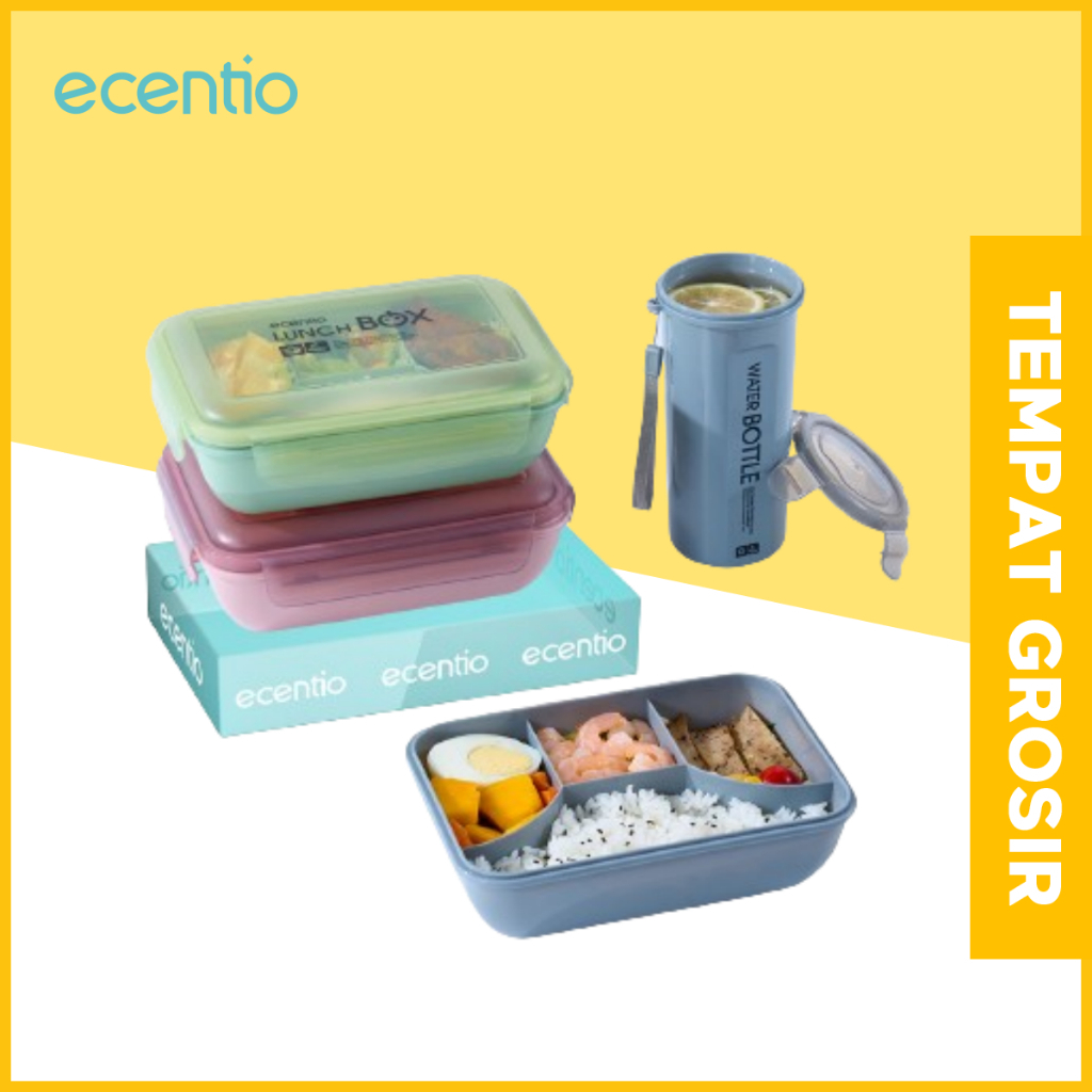 Jual ecentio tempat makan anak sekolah lunch box set 1000ml 4 Grid + Botol Minum 500ml anti ...