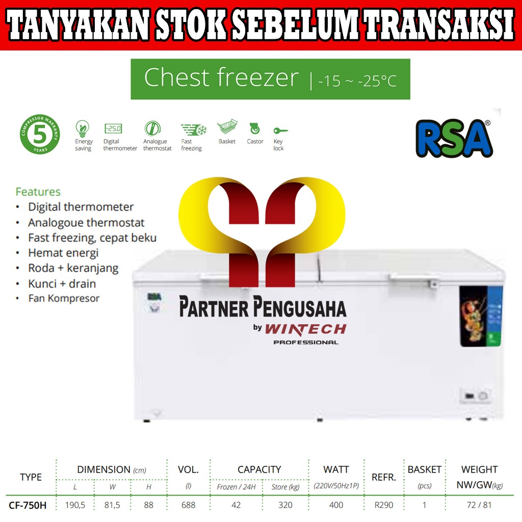 Jual RSA Freezer box CF 750H CF-750H - 688L Box Freezer -Lemari Pembeku ...