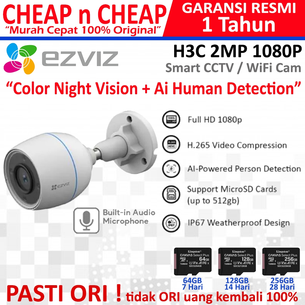 Jual Ezviz H3C 2MP 1080P Color Night Vision Outdoor C3N Smart CCTV Wifi ...