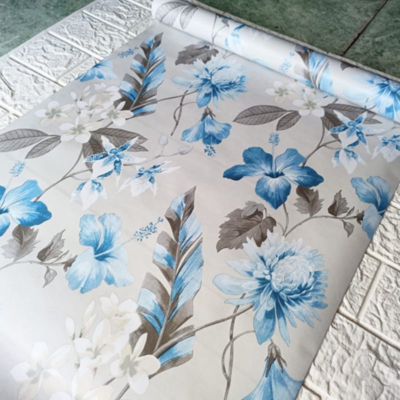 Jual Wallpaper Sticker Dinding Murah Motif Bunga Abu Daun Biru Cocok ...