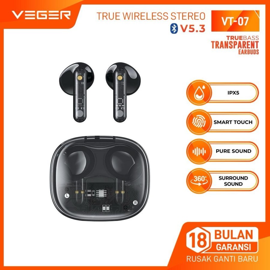 Jual Headset TWS Pure Sounds VEGER VT-07 Headset Bluetooth V5.3 IPX5 | Shopee Indonesia
