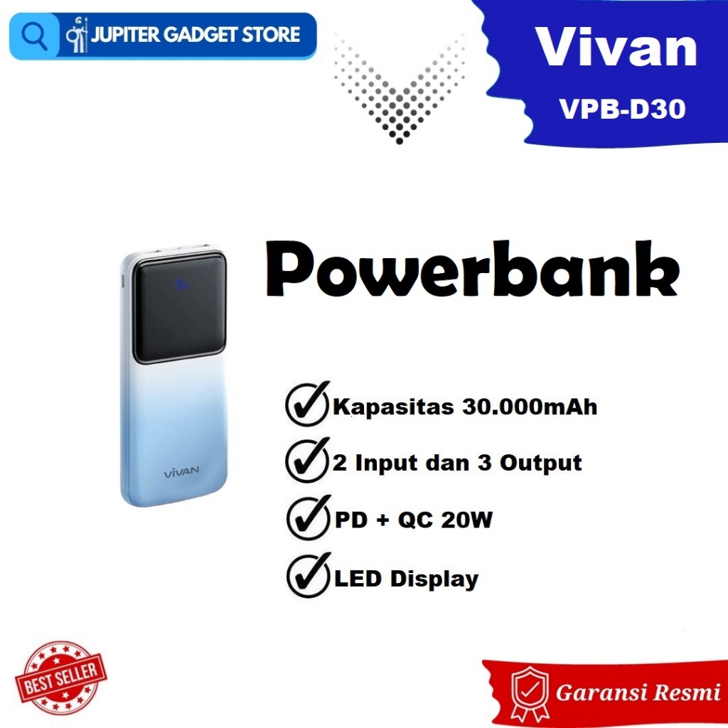 Jual Vivan VPB-D30 Powerbank 30000mAh 3 Output USB Type-C 22.5W PD QC ...