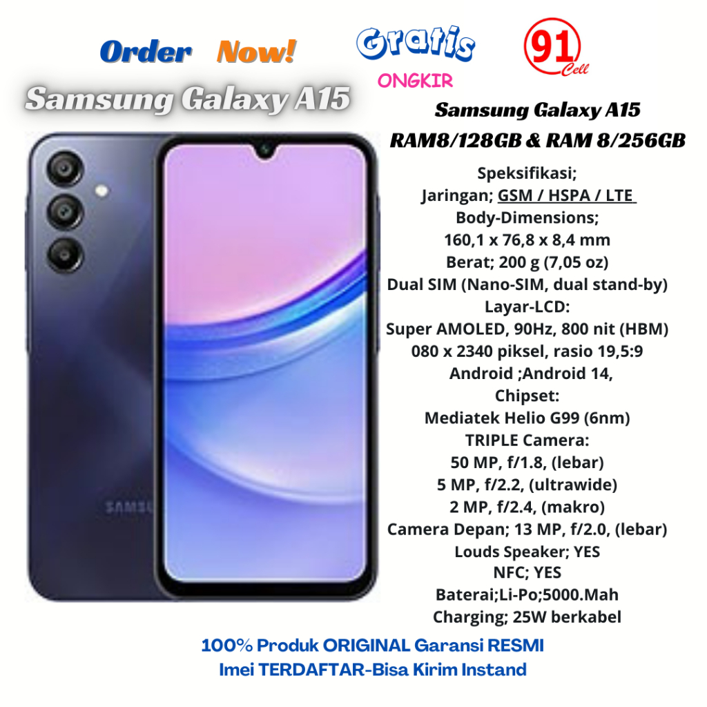 Jual SAMSUNG A15 4G ORIGINAL RAM8/128GB & RAM8/256GB GARANSI RESMI ...