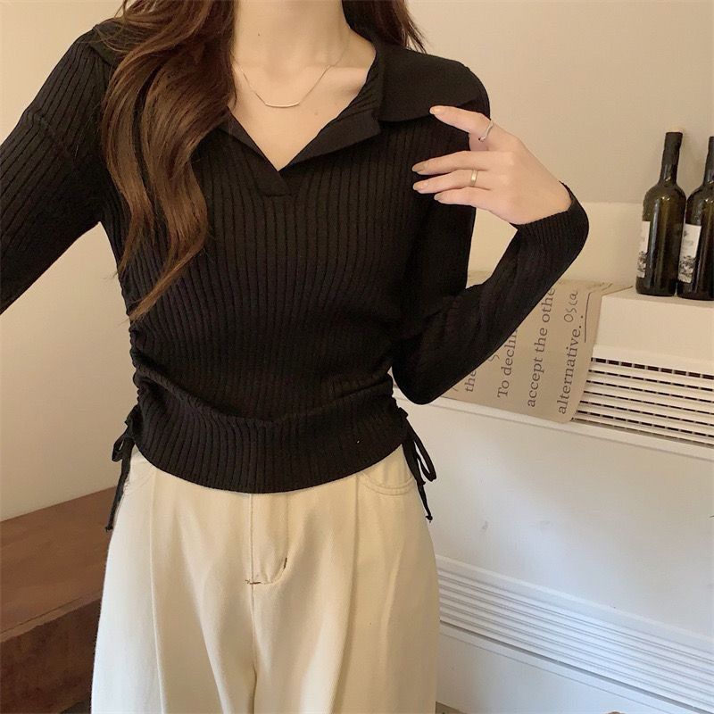 Jual Atasan BerKerah Polo Rajut |Korean Kaos Serut Vneck | T-Shirt Atasan Wanita Lengan Panjang ...